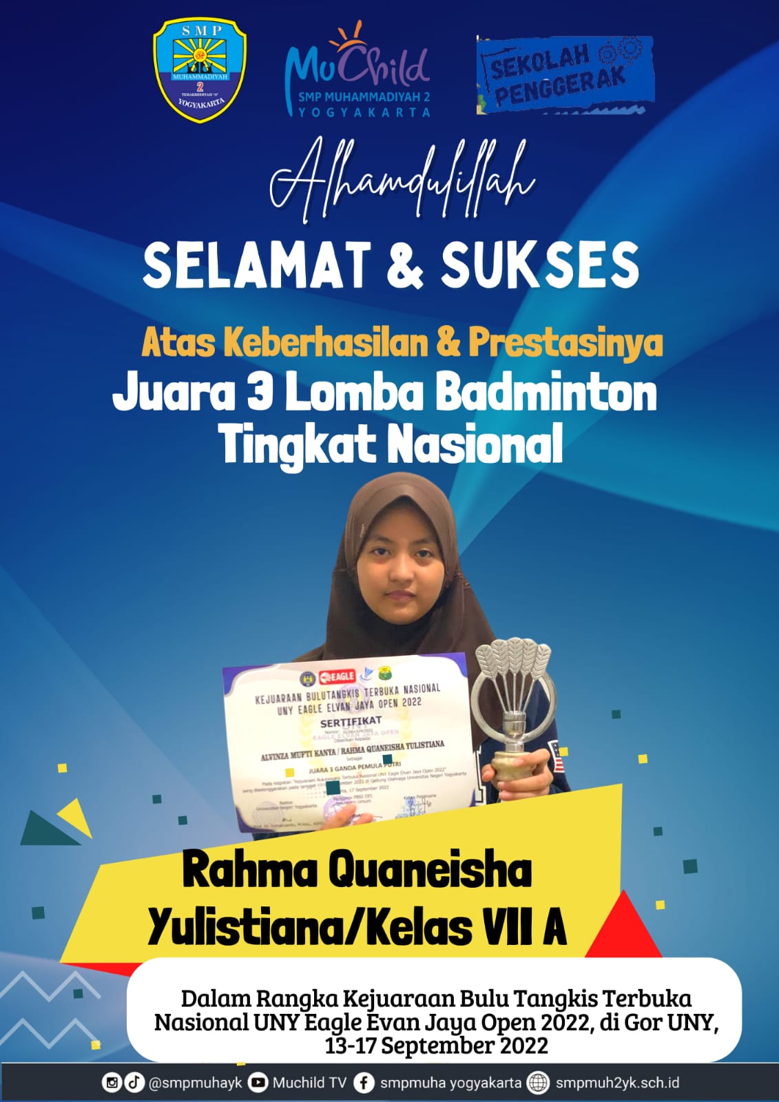 Juara 3 Lomba Badminton Tingkat Nasional – SMP Muhammadiyah 2 Yogyakarta